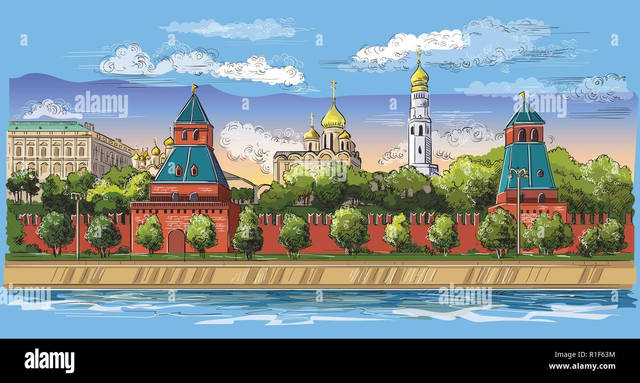 Cityscape of embankment of Kremlin towers and Moscow river (Red Square ...