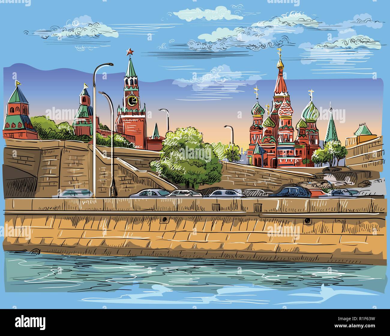 Cityscape of embankment of Kremlin towers and bridge across Moscow ...