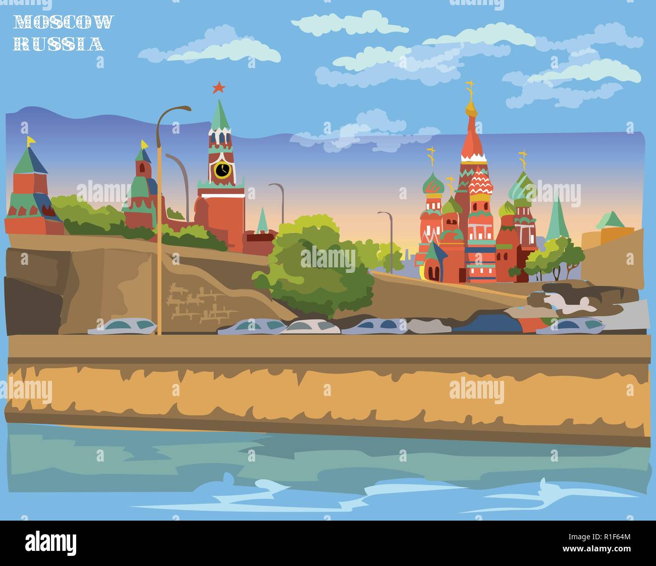 Cityscape of embankment of Kremlin towers and bridge across Moscow ...