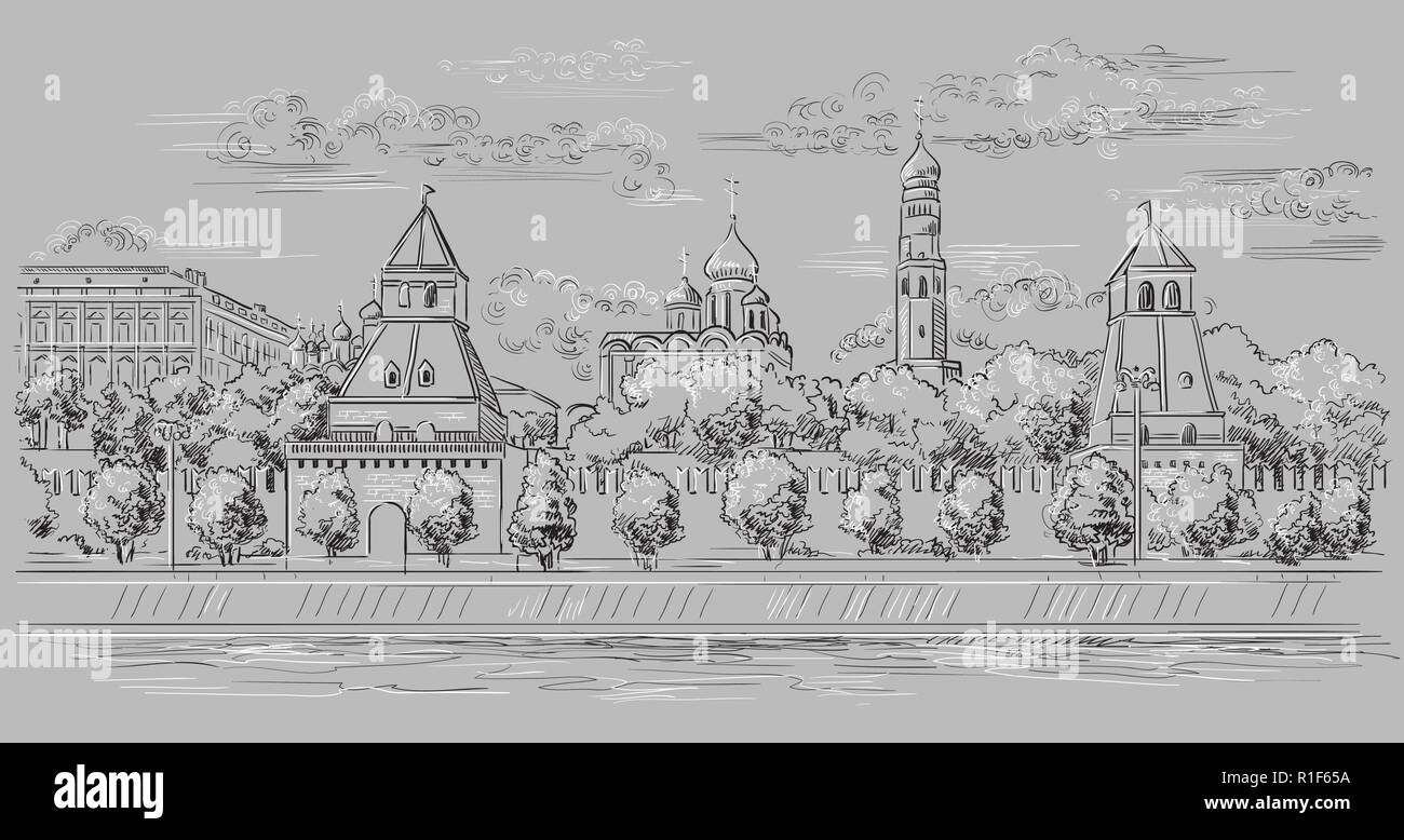 Cityscape of embankment of Kremlin towers and Moscow river (Red Square ...