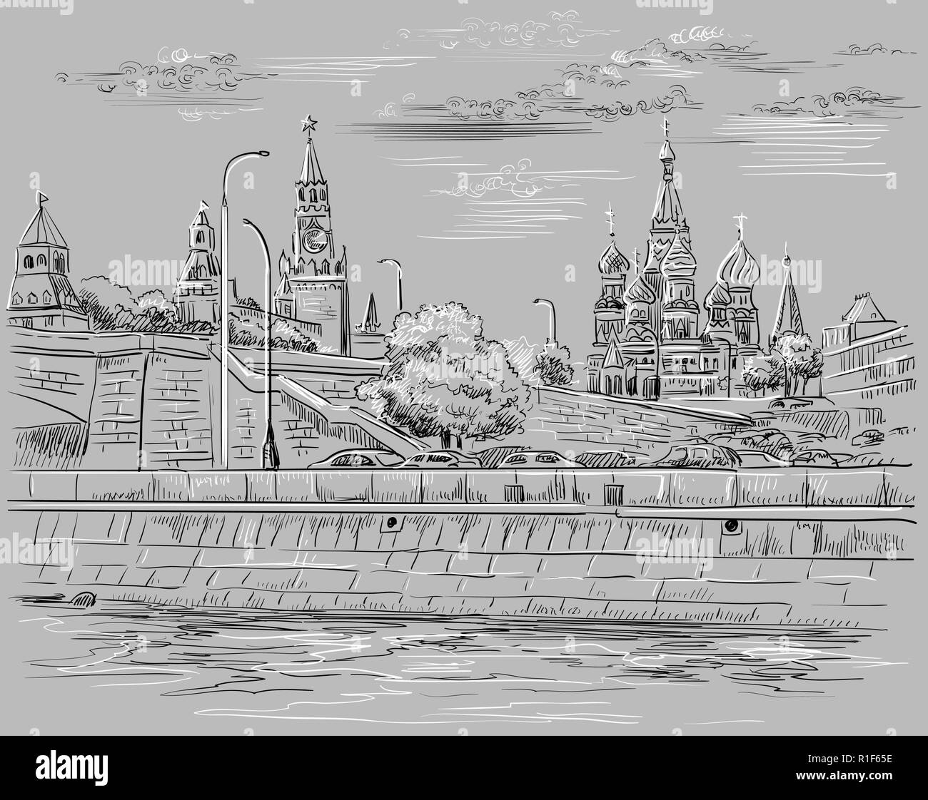 Russia moscow painting kremlin red square Black and White Stock Photos ...