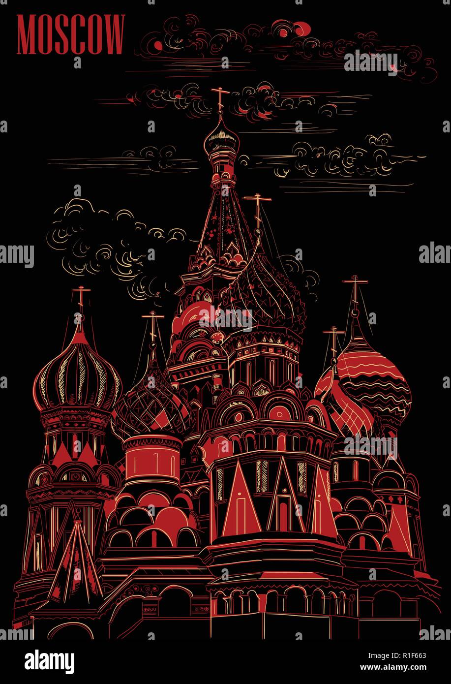 Saint Basils Cathedral of Kremlin (Moscow, Russia) isolated vector hand ...