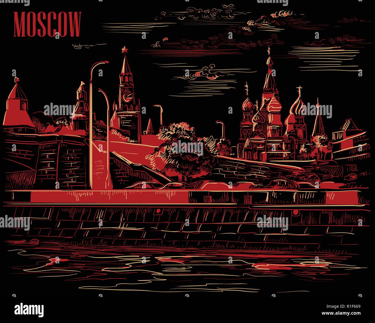 Cityscape of embankment of Kremlin towers and bridge across Moscow ...