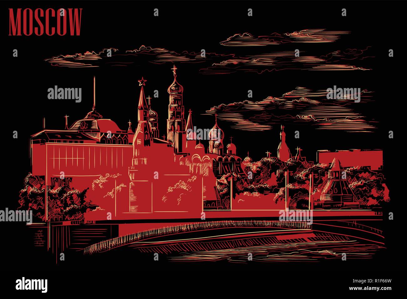 Cityscape of embankment of Kremlin towers and bridge across Moscow ...