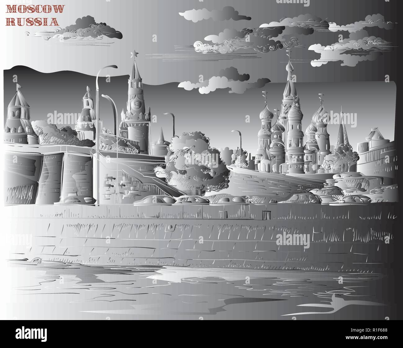 Cityscape of embankment of Kremlin towers and bridge across Moscow ...