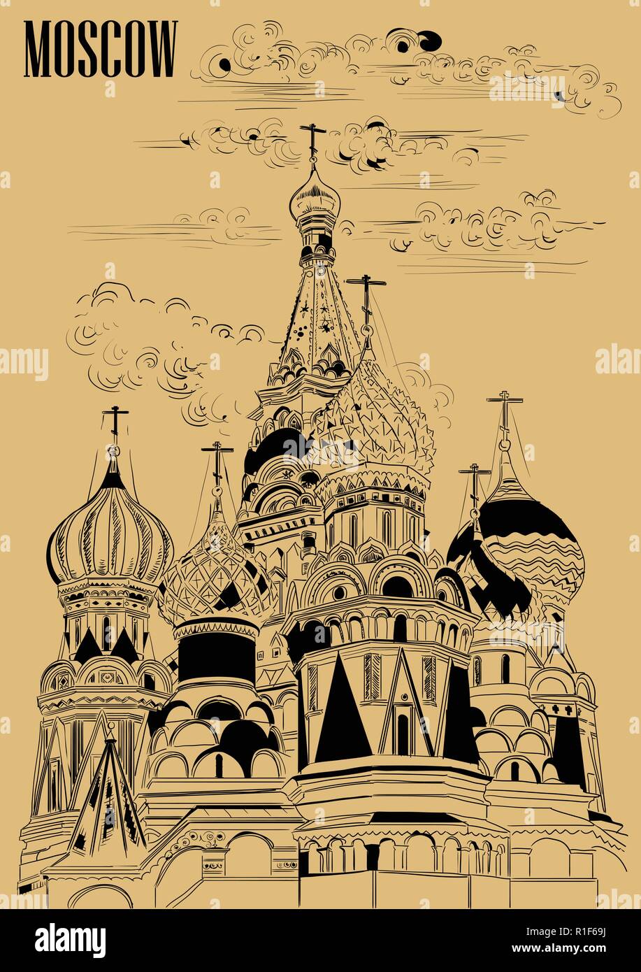 Saint Basils Cathedral of Kremlin (Moscow, Russia) isolated vector hand ...