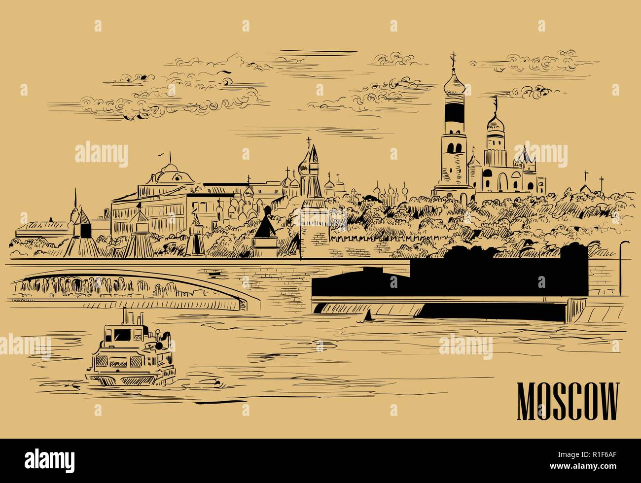 Cityscape of embankment of Kremlin towers and bridge across Moscow ...