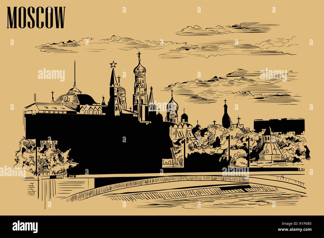 Cityscape of embankment of Kremlin towers and bridge across Moscow ...