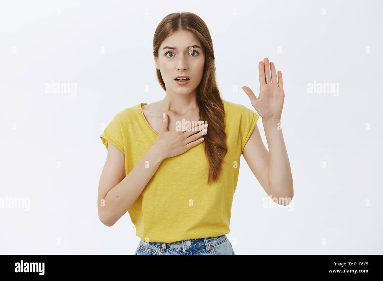 I swear telling truth. Portrait of worried and nervous cute timid young ...