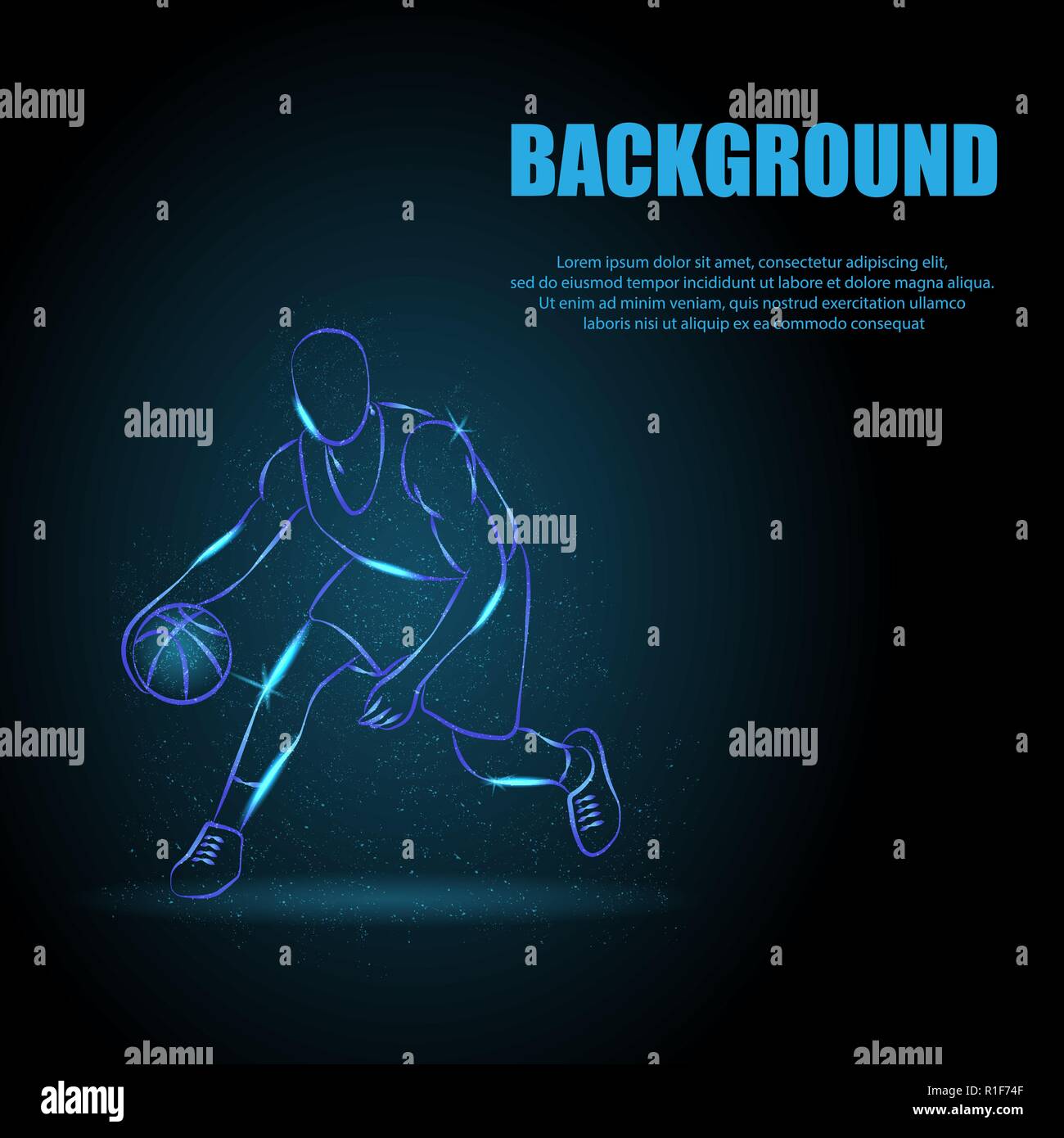 Dark background with blue outline basketball player and shining dots ...