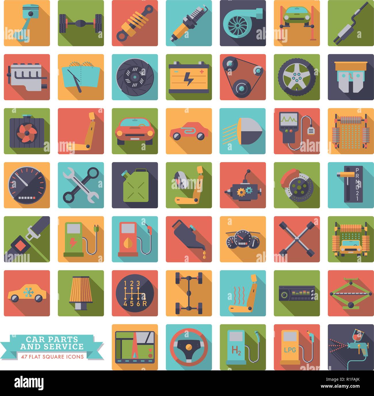 Collection of flat design long shadow car parts, service and repair ...