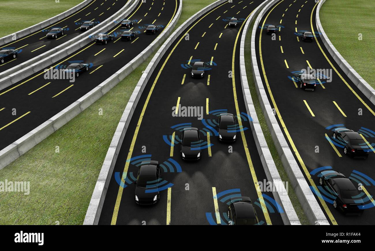 Autonomous cars on a road with visible connection, 3d rendering Stock ...