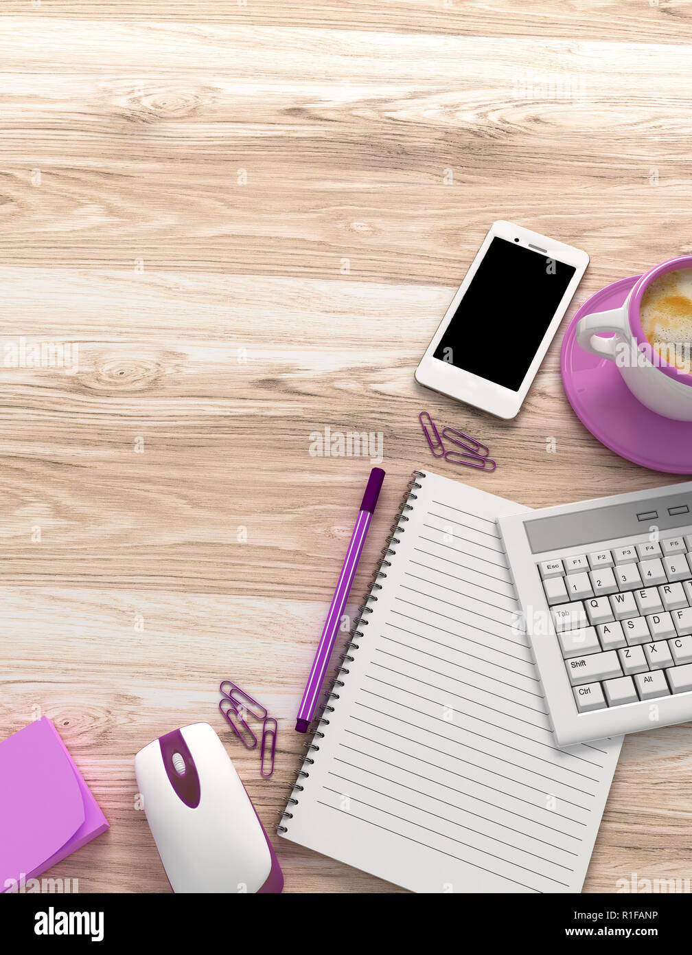 Wooden table with office supplies, top view Stock Photo - Alamy