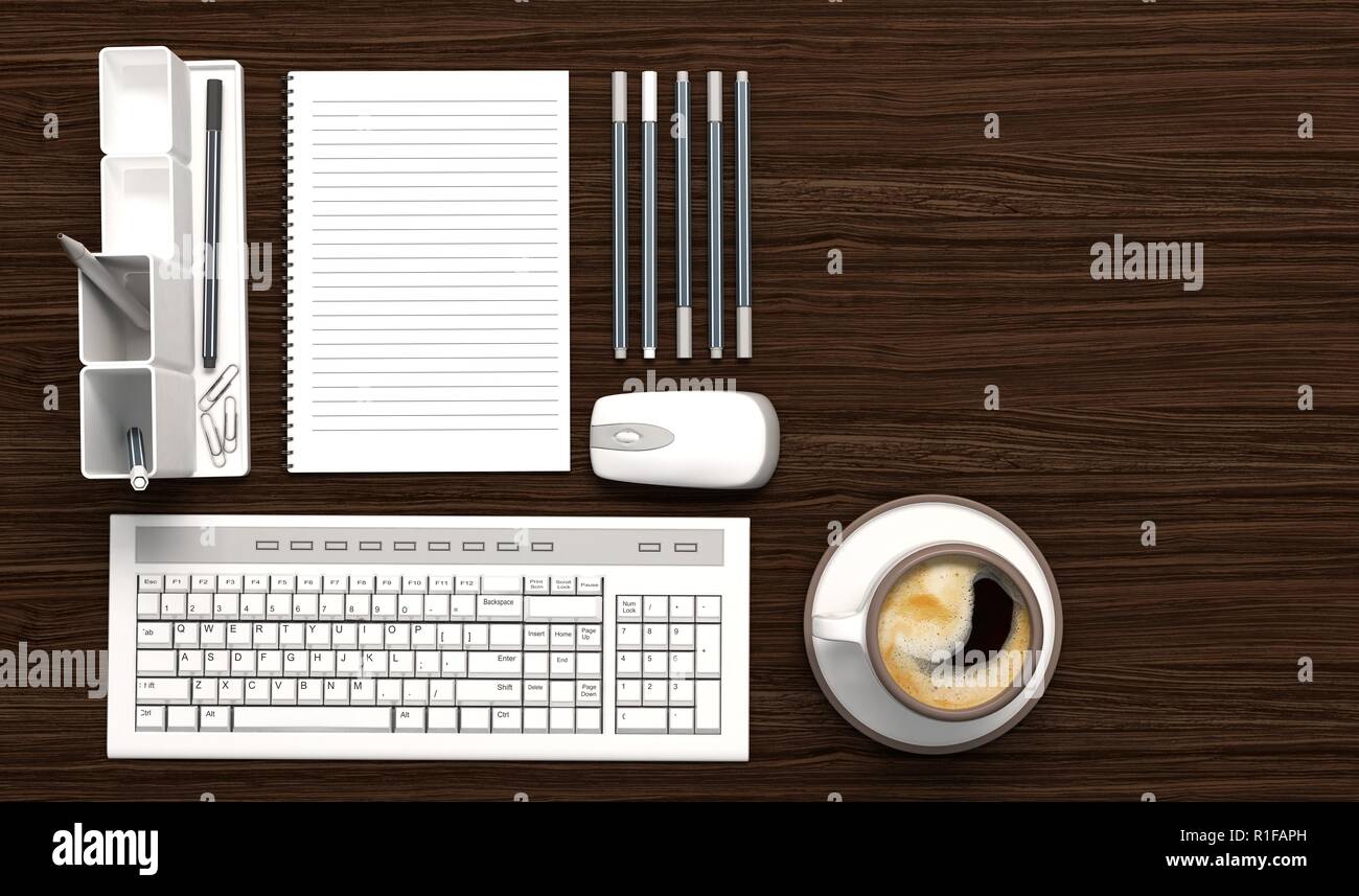 Wooden table with office supplies, top view Stock Photo - Alamy