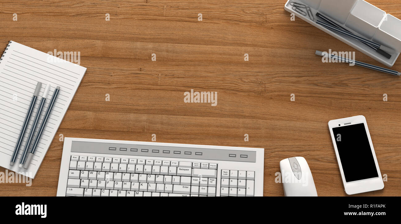 Wooden table with office supplies - top view Stock Photo - Alamy