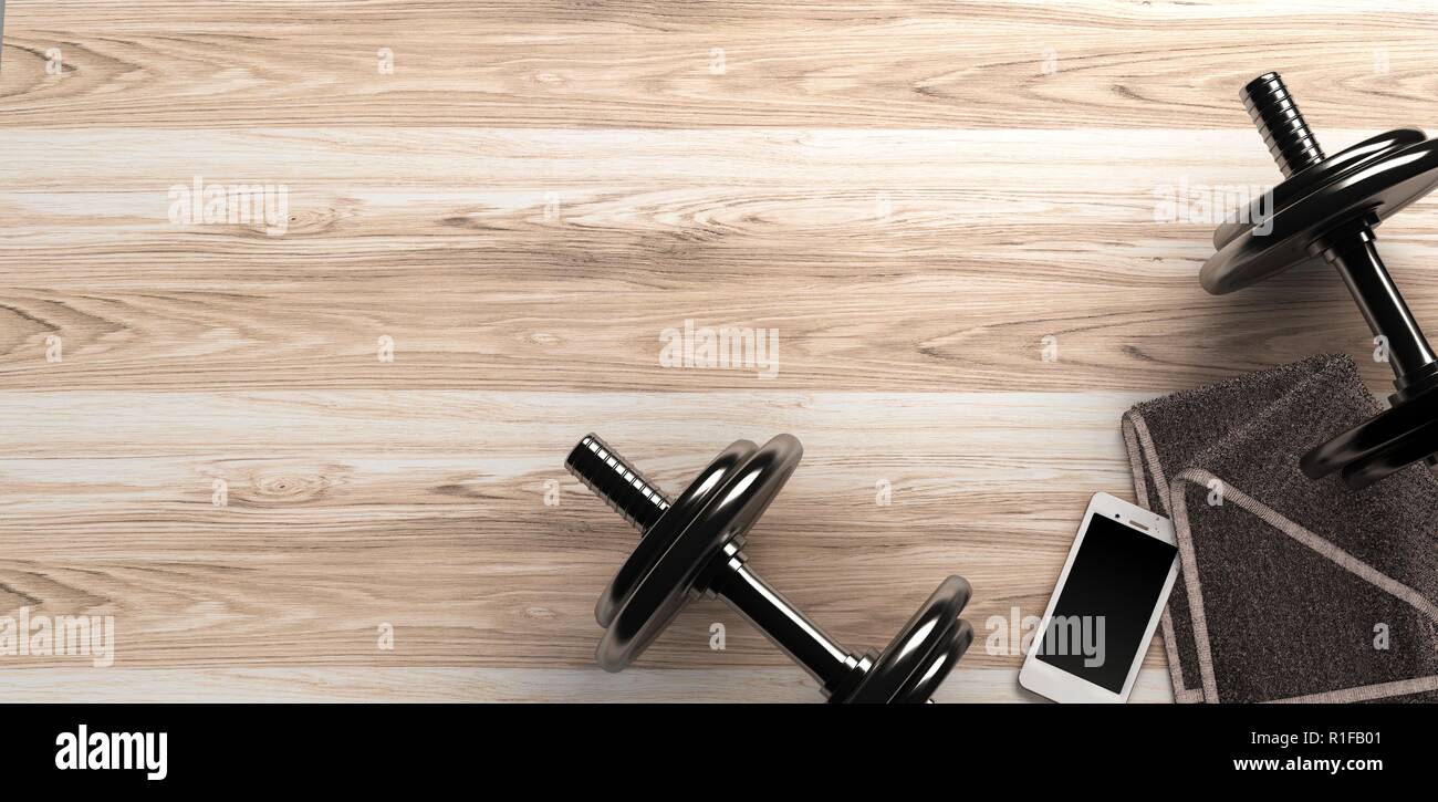Fitness background with dumbbells and smartphone. View from above, 3D ...
