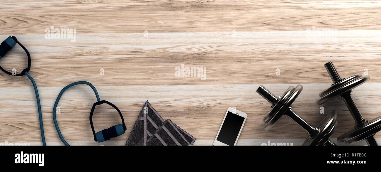 Fitness background with dumbbells and smartphone. View from above, 3D ...