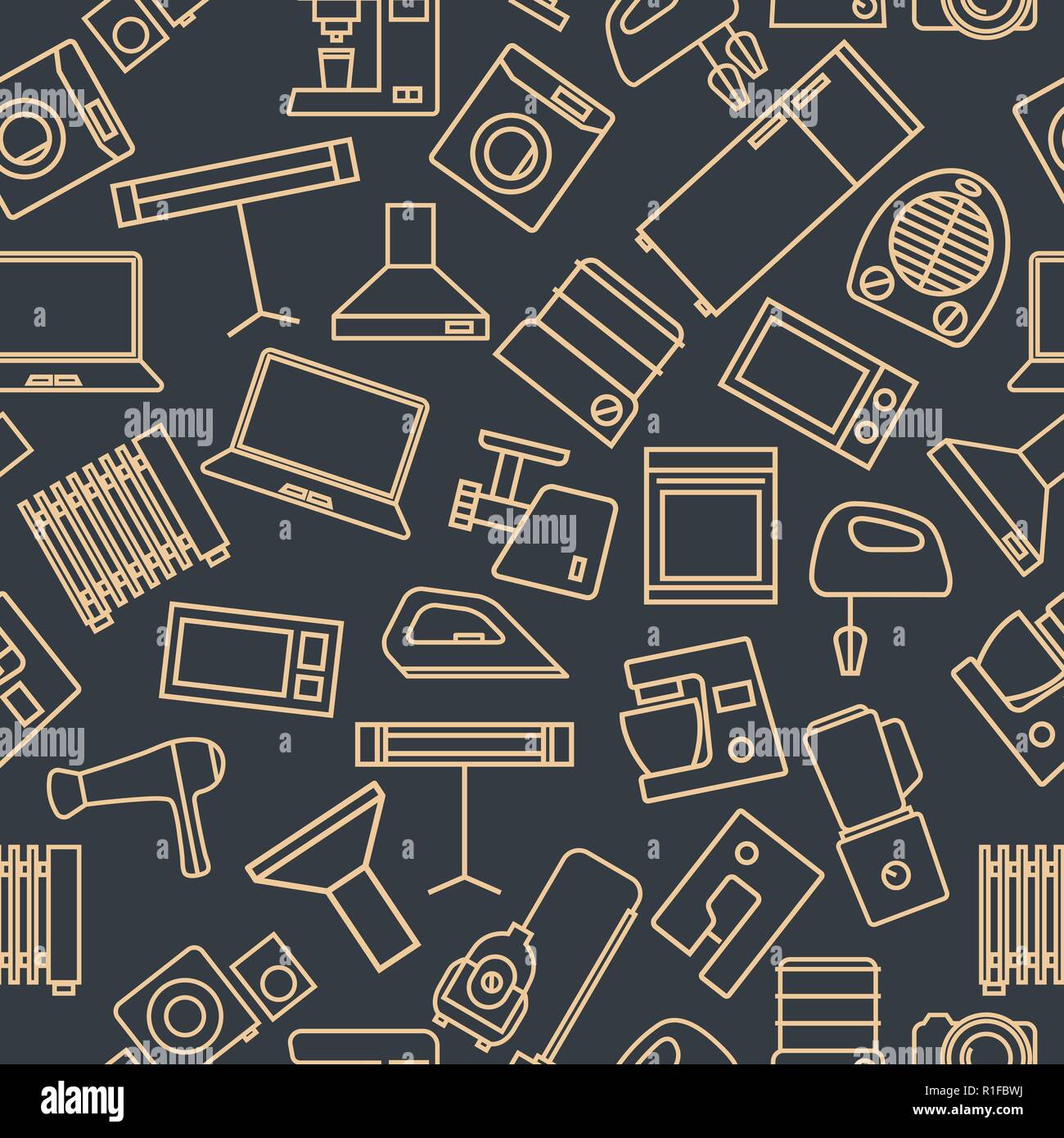 Seamless pattern from a set of household appliances icons of thin lines ...