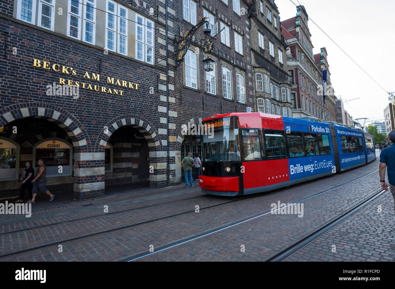 Marktplatz, Bremen. Deutschland Germany. A tram approaching the market ...