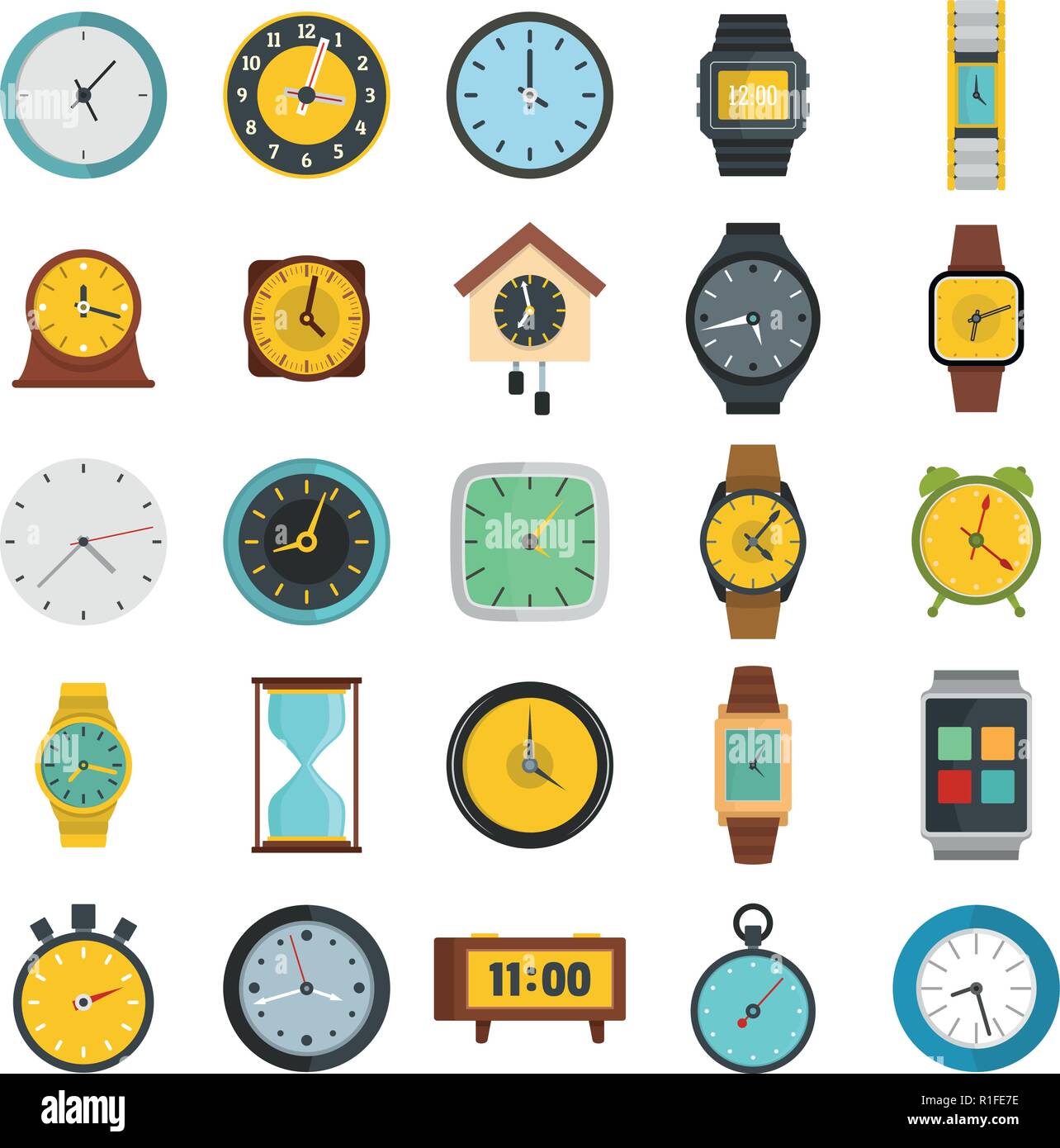 Time and clock icons set. Flat illustration of 25 time clock vector ...