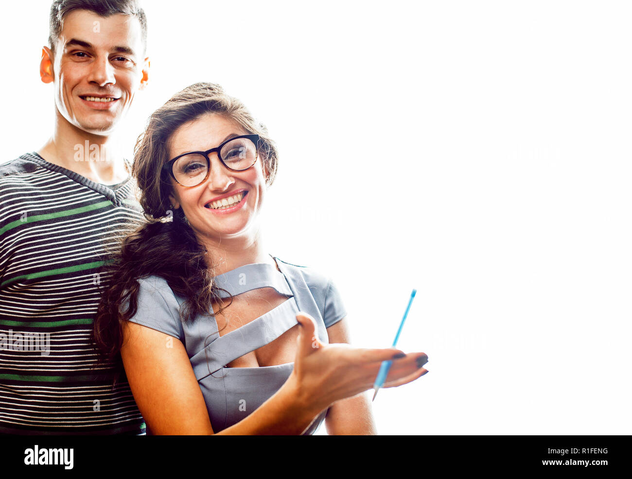 love affair at work, young pretty couple, man and woman together Stock ...