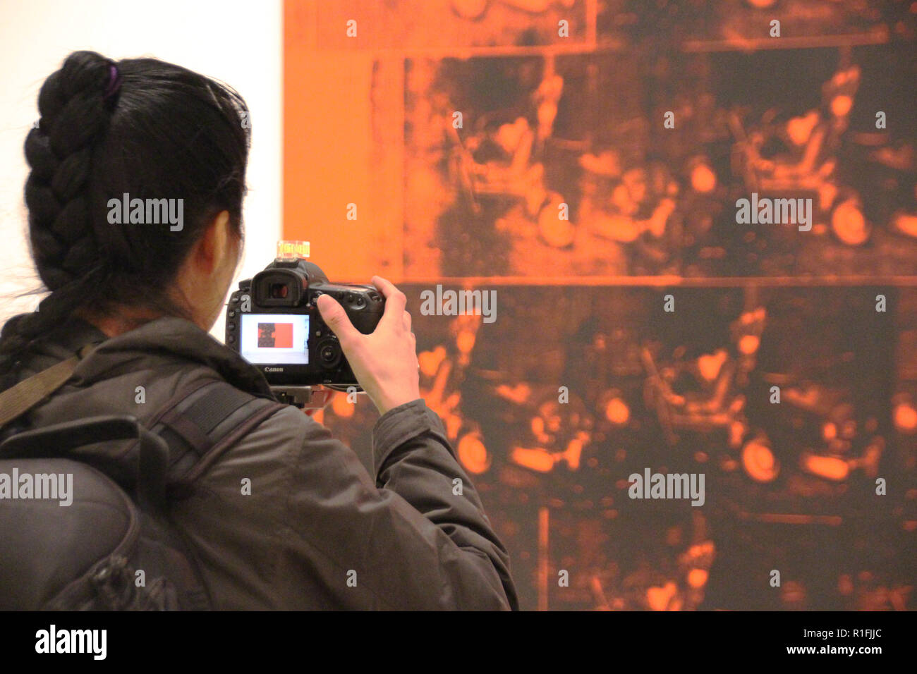 New York, USA. 06th Nov, 2018. A visitor photographs Andy Warhol's work ...
