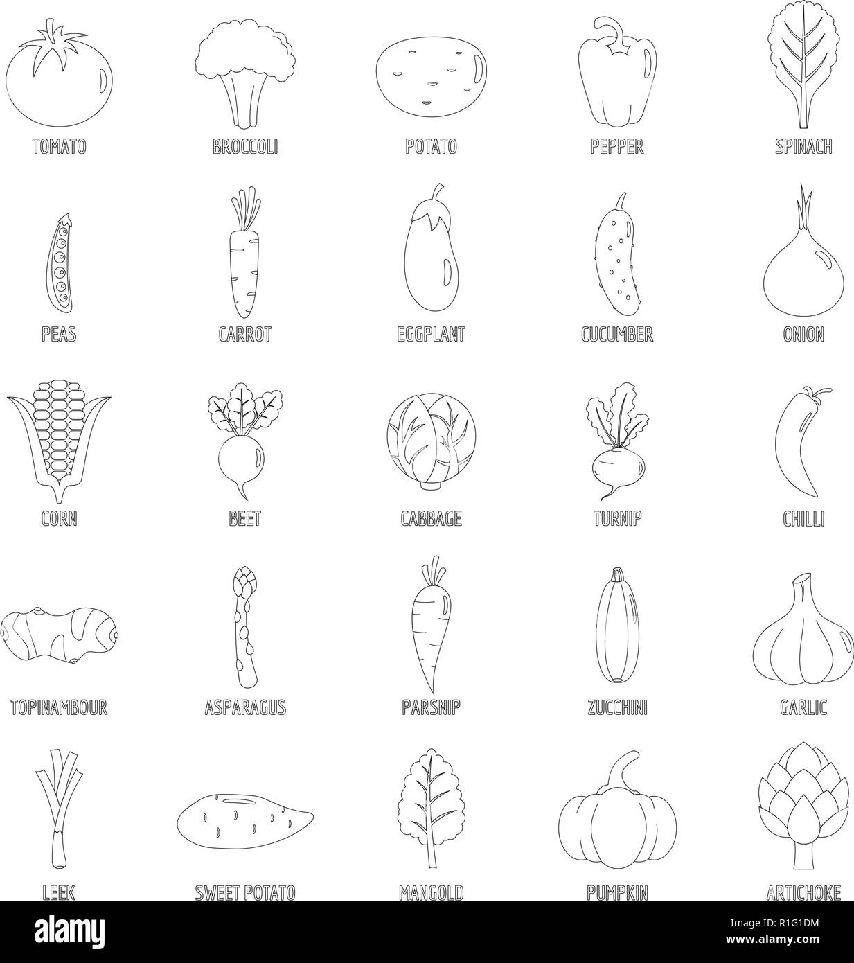 Vegetables icons set. Outline illustration of 25 vegetables vector ...