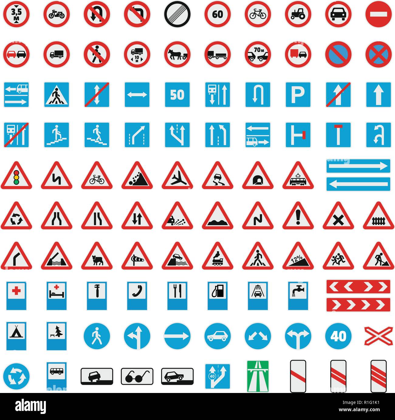 Traffic road sign collection icons set. Flat illustration of 100 ...