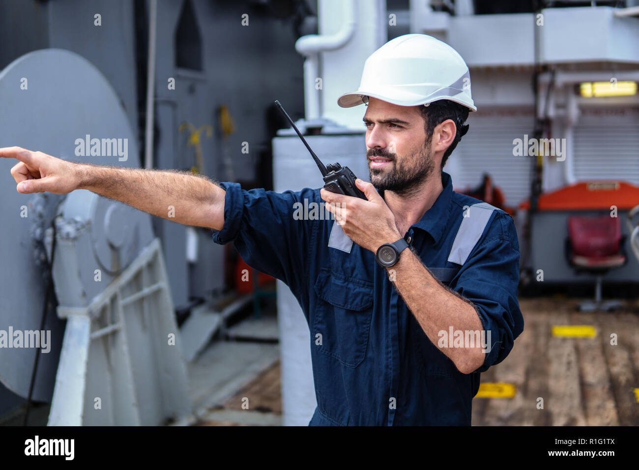 Marine Deck Officer or Chief mate on deck of vessel or ship Stock Photo ...