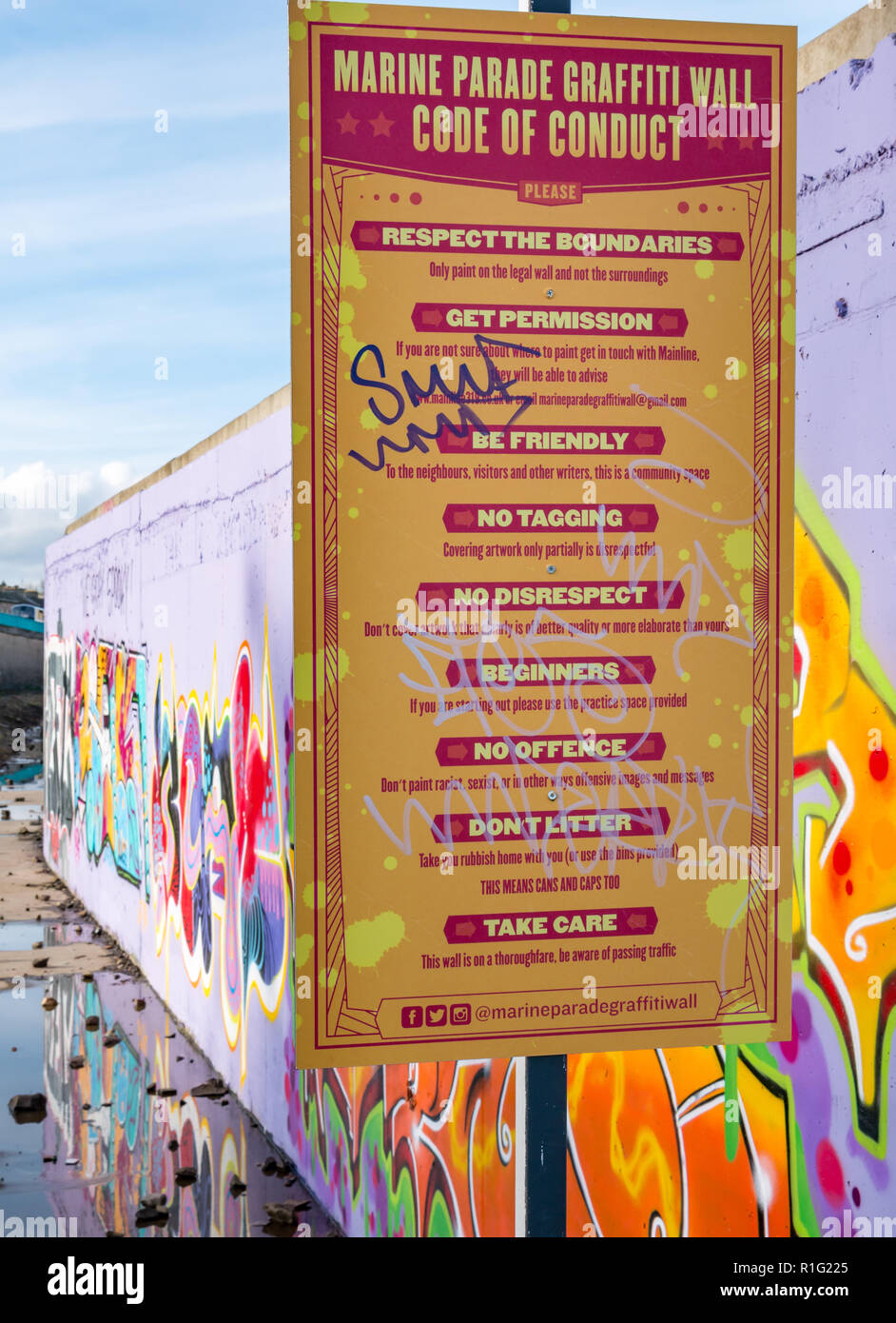 Sign at Marine Parade graffiti wall, Leith, Edinburgh, Scotland, UK ...