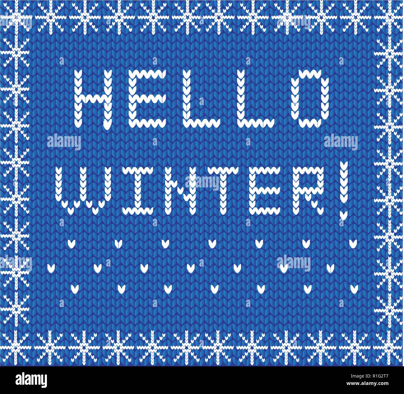 Hello winter white knit lettering typography on blue knitted textile ...