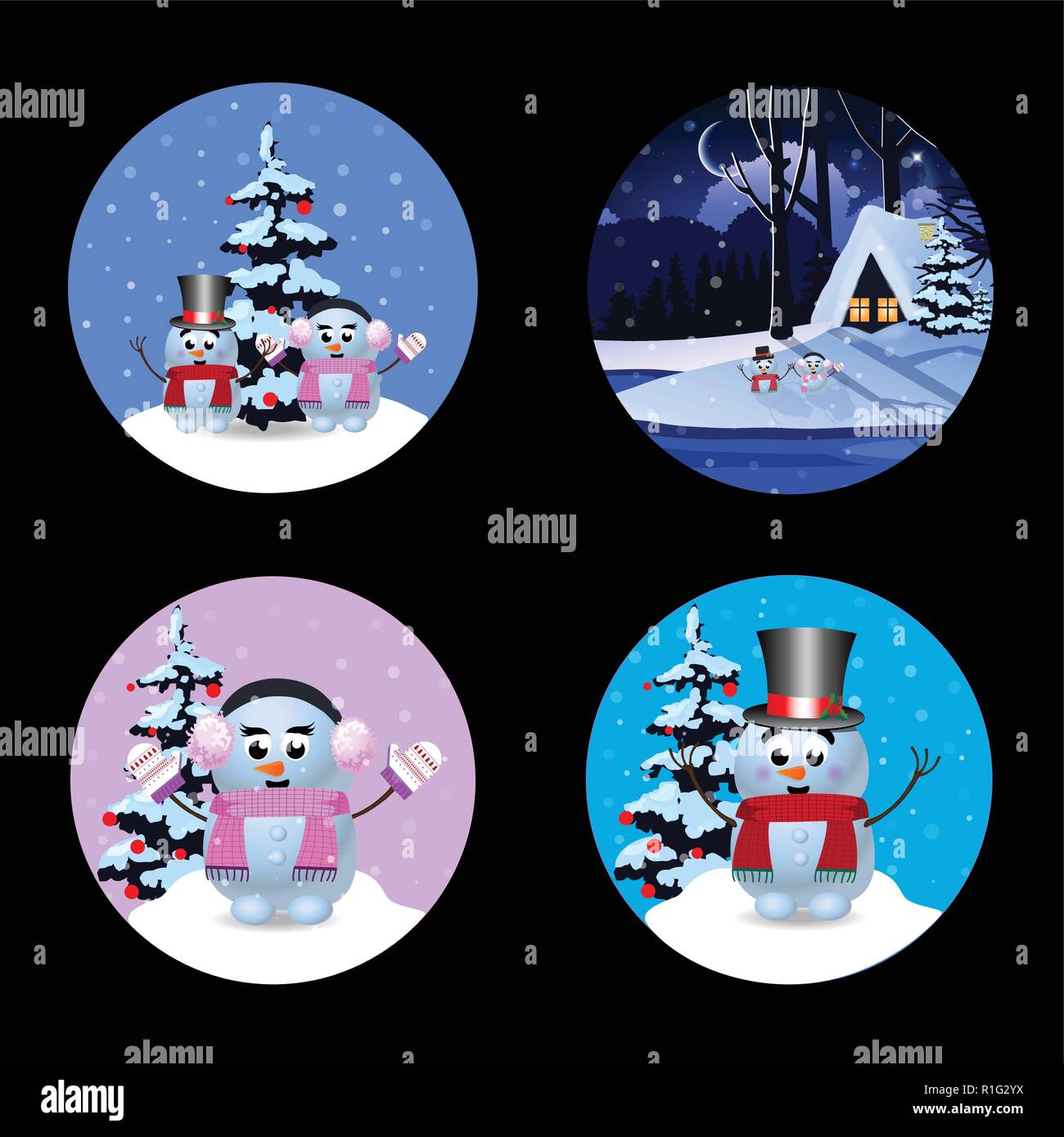 Christmas, new year round signs set with cute cartoon characters ...