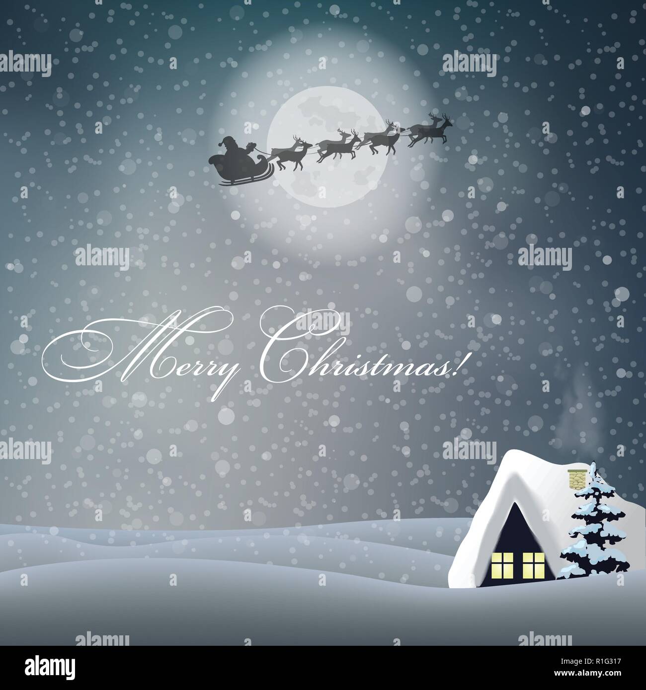Merry christmas greeting card with cute winter snowy night landscape ...
