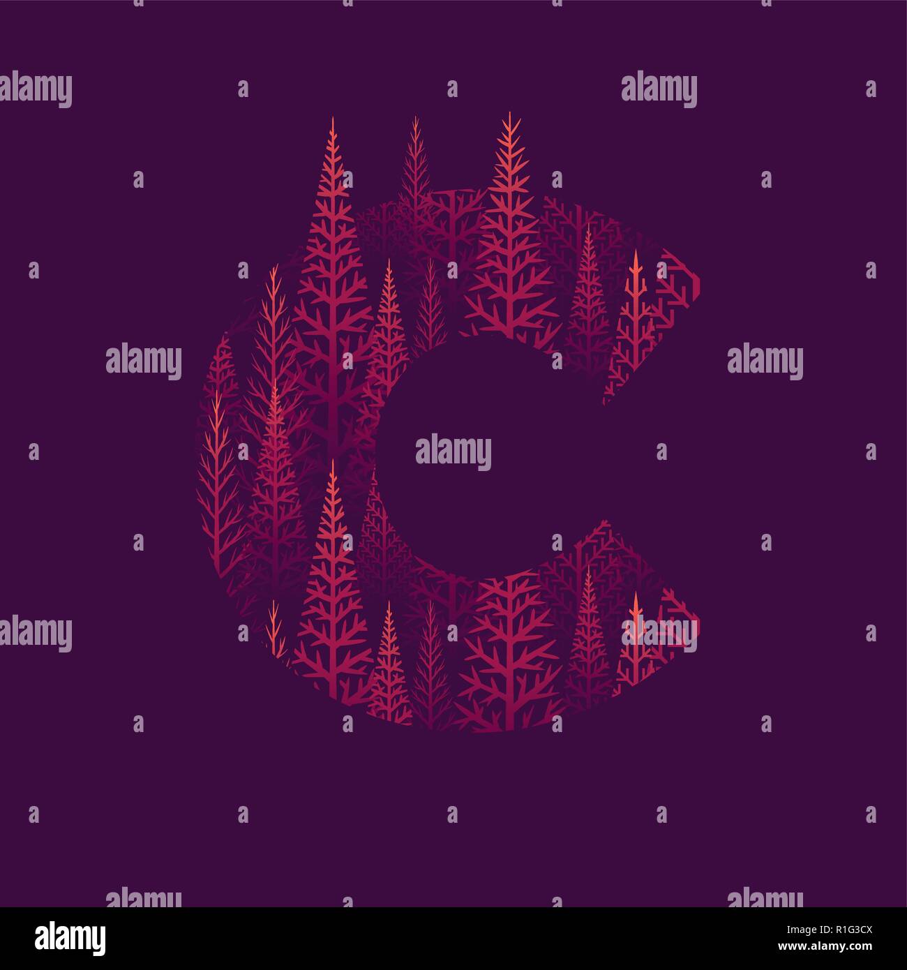 Vector C letter pine tree forest illustration for Christmas. Abstract ...
