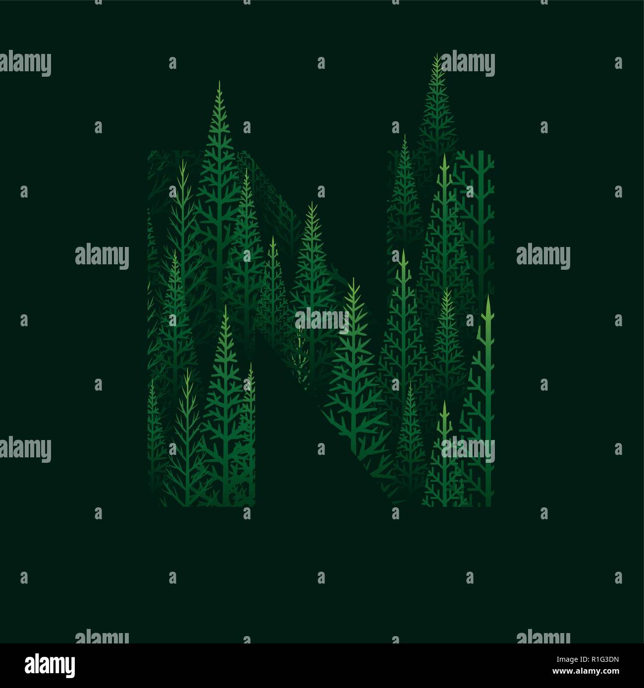 Vector N letter with pine tree forest illustration for Happy New Year ...
