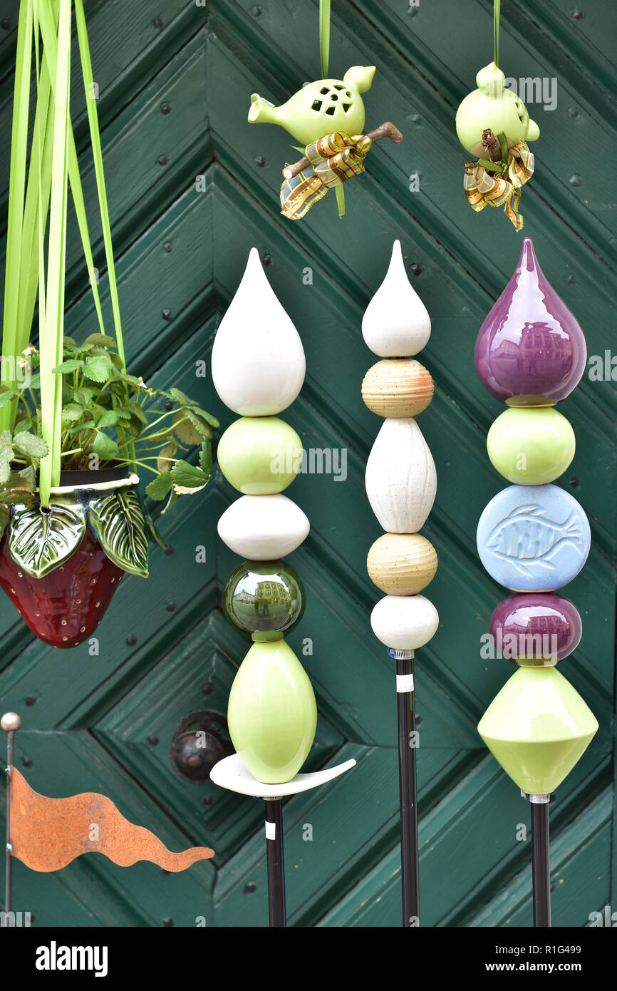 Decorations made of ceramics in front of wooden vintage door painted in ...