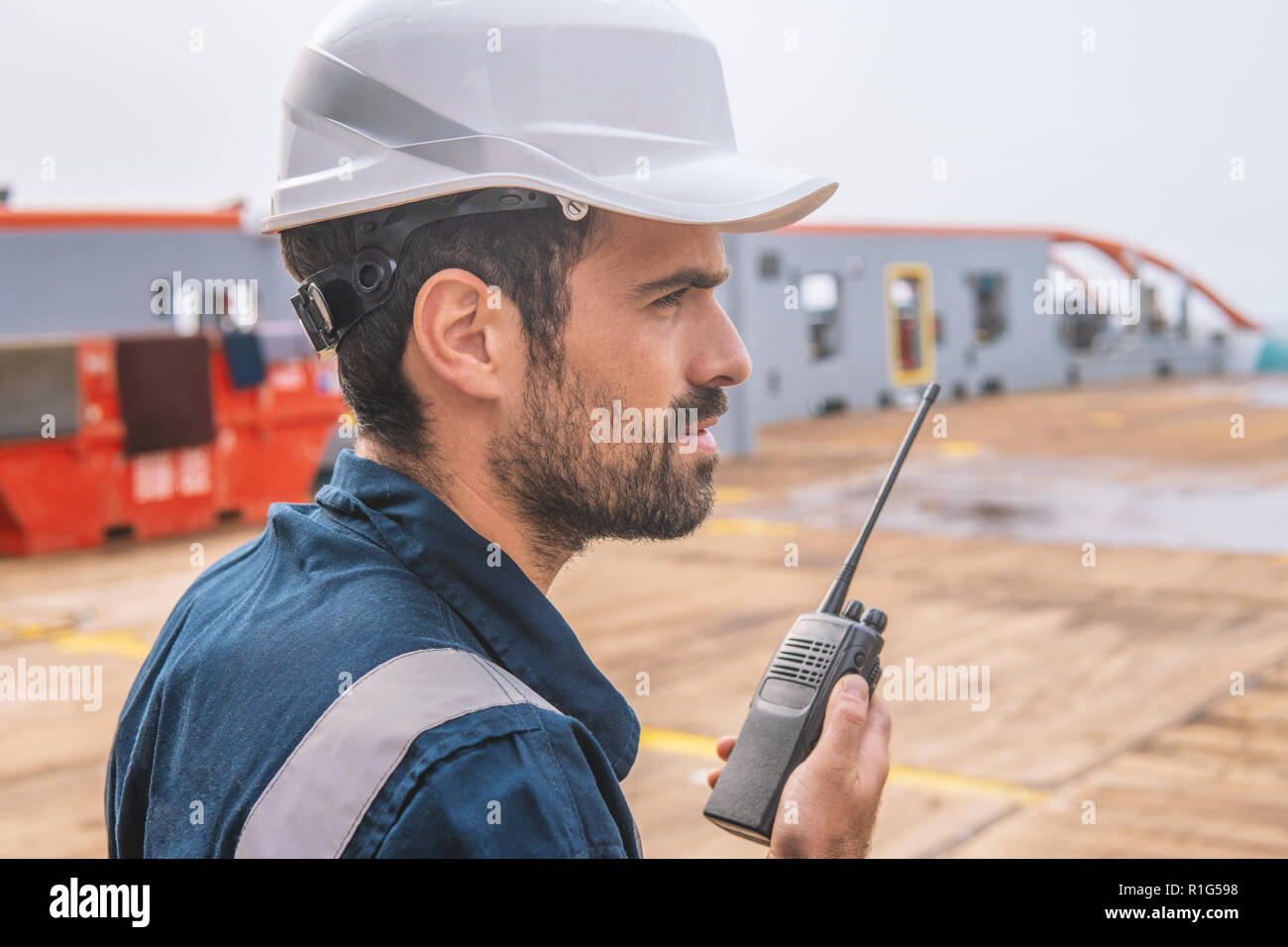 Marine Deck Officer or Chief mate on deck of vessel or ship Stock Photo ...