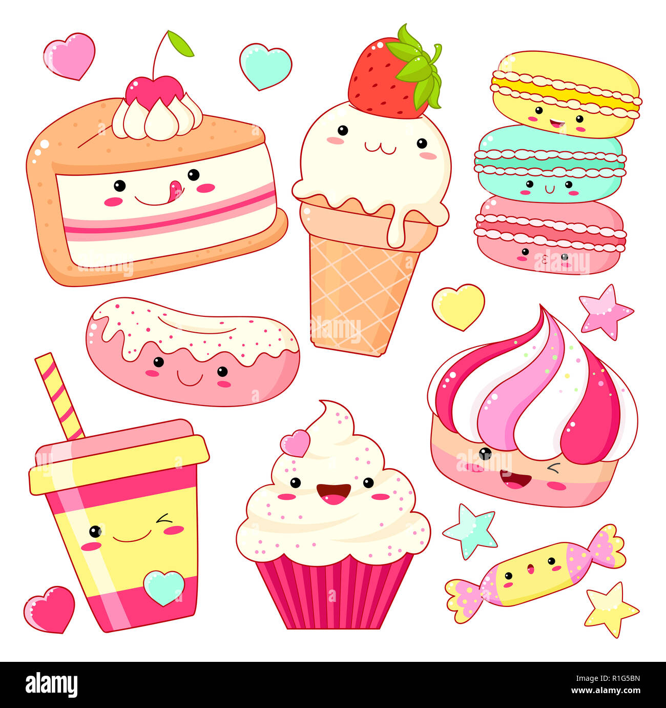 Set of cute sweet icons in kawaii style with smiling face and pink ...