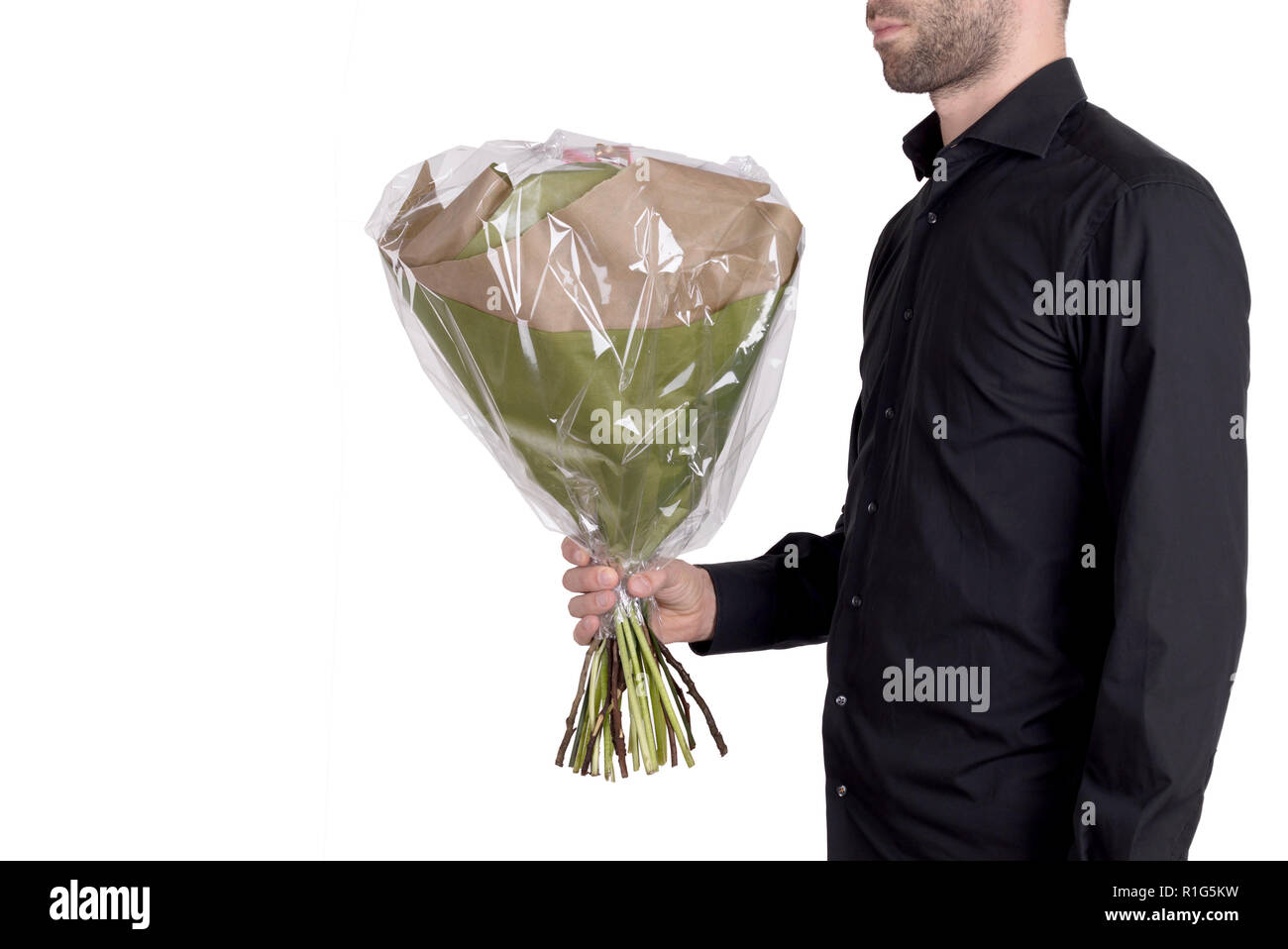 Man is giving flowers - Isolated on white Stock Photo - Alamy