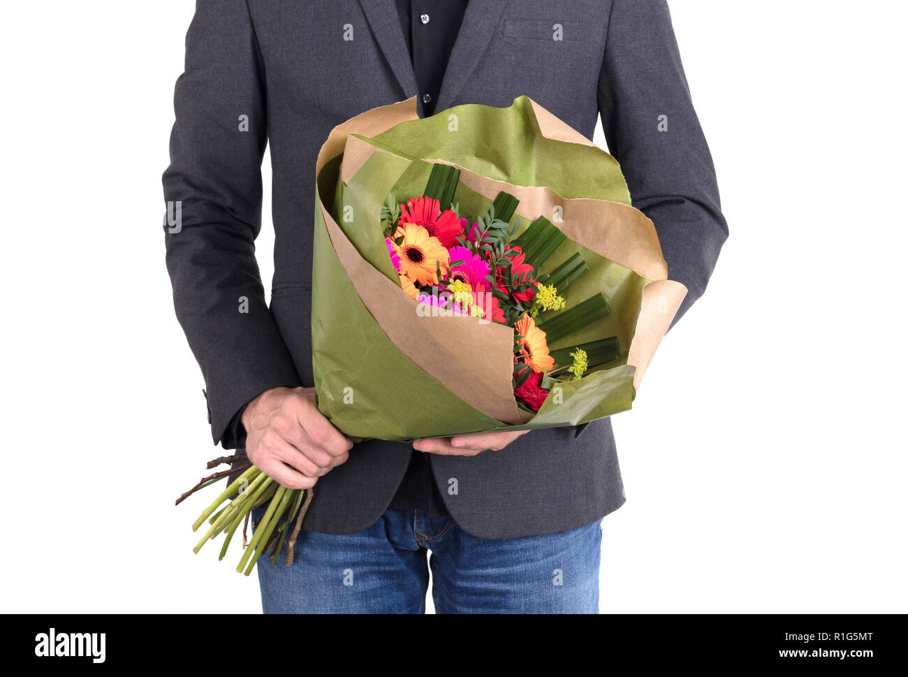 Man is giving flowers - Isolated on white Stock Photo - Alamy