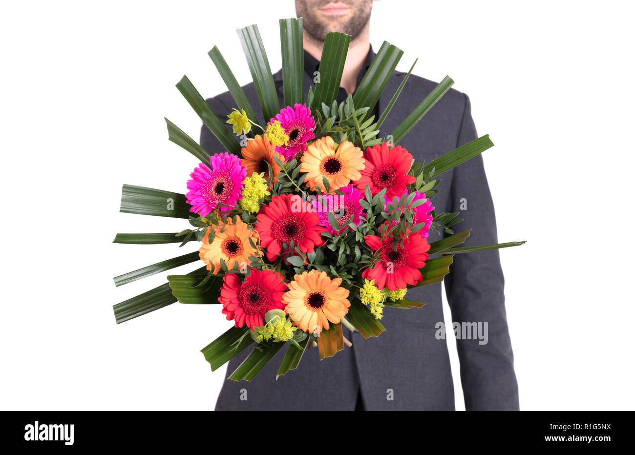 Man is giving flowers - Isolated on white Stock Photo - Alamy