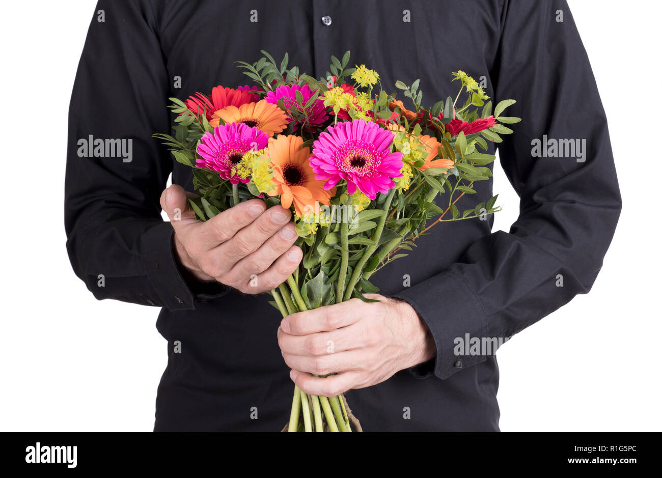 Man is giving flowers - Isolated on white Stock Photo - Alamy