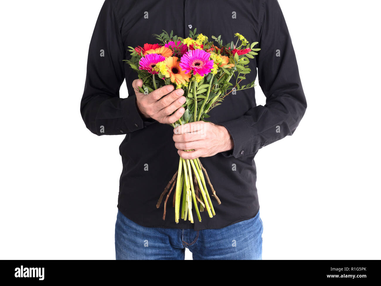 Man is giving flowers - Isolated on white Stock Photo - Alamy