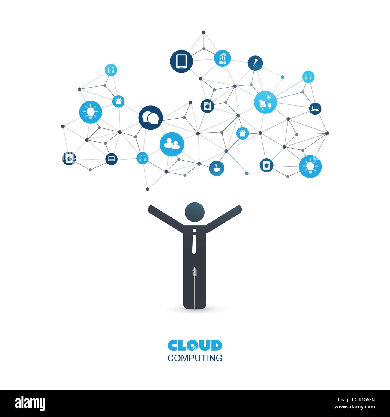 Cloud Computing Design Concept with a Standing Business Man and Icons - Digital Network ...