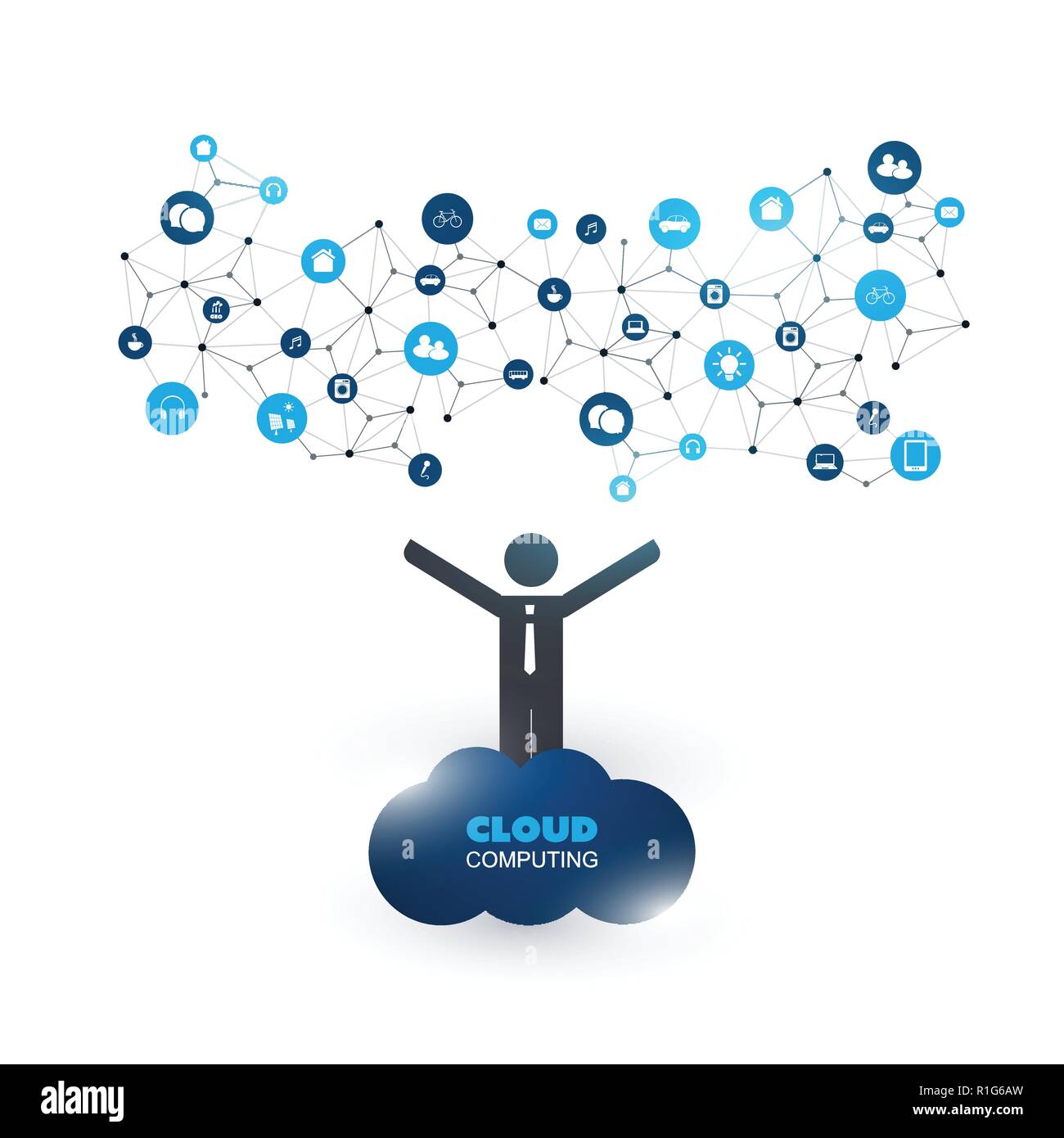 Cloud Computing Design Concept with a Standing Business Man and Icons - Digital Network ...