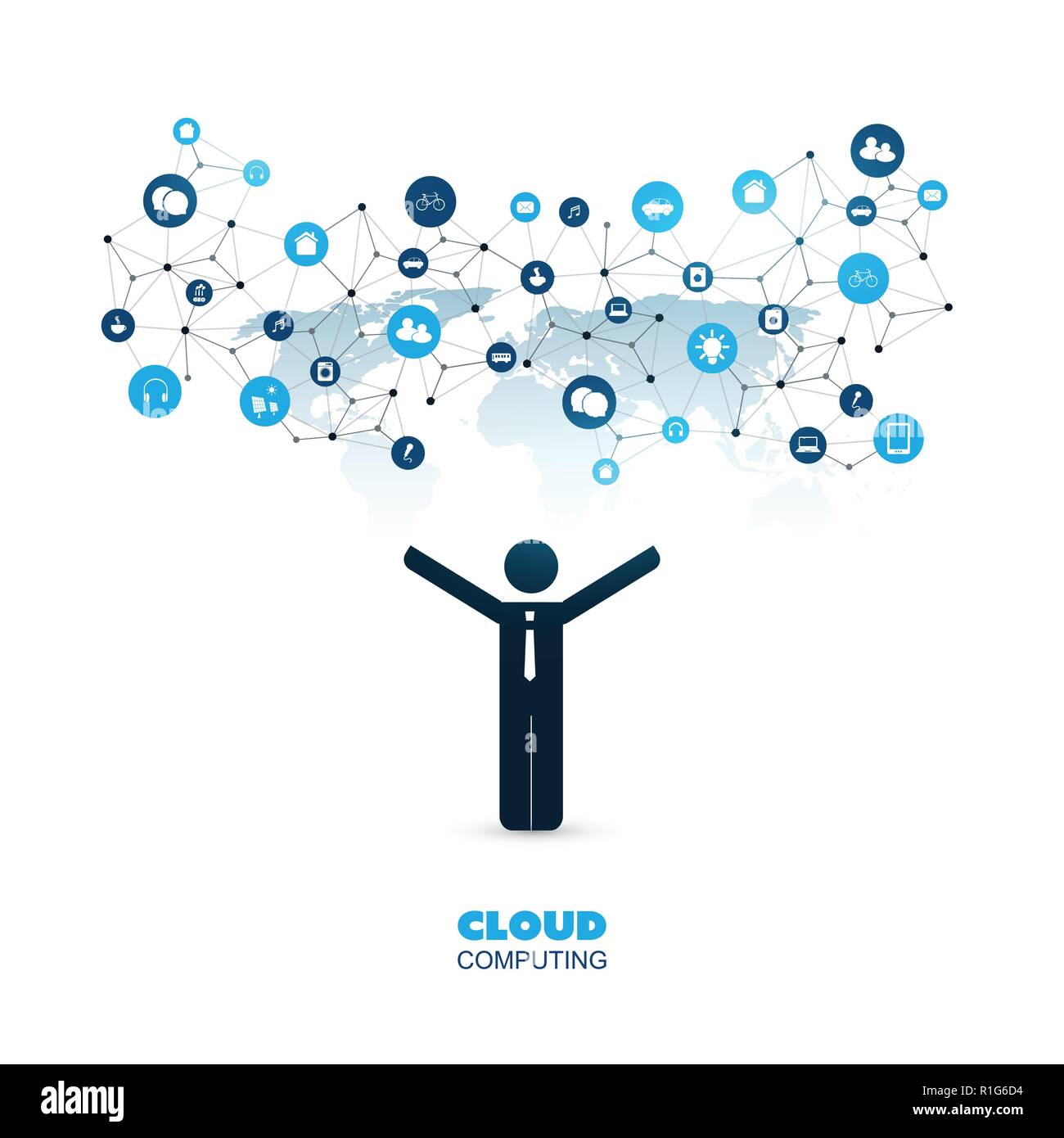 Cloud Computing Design Concept with a Standing Business Man and Icons - Digital Network ...