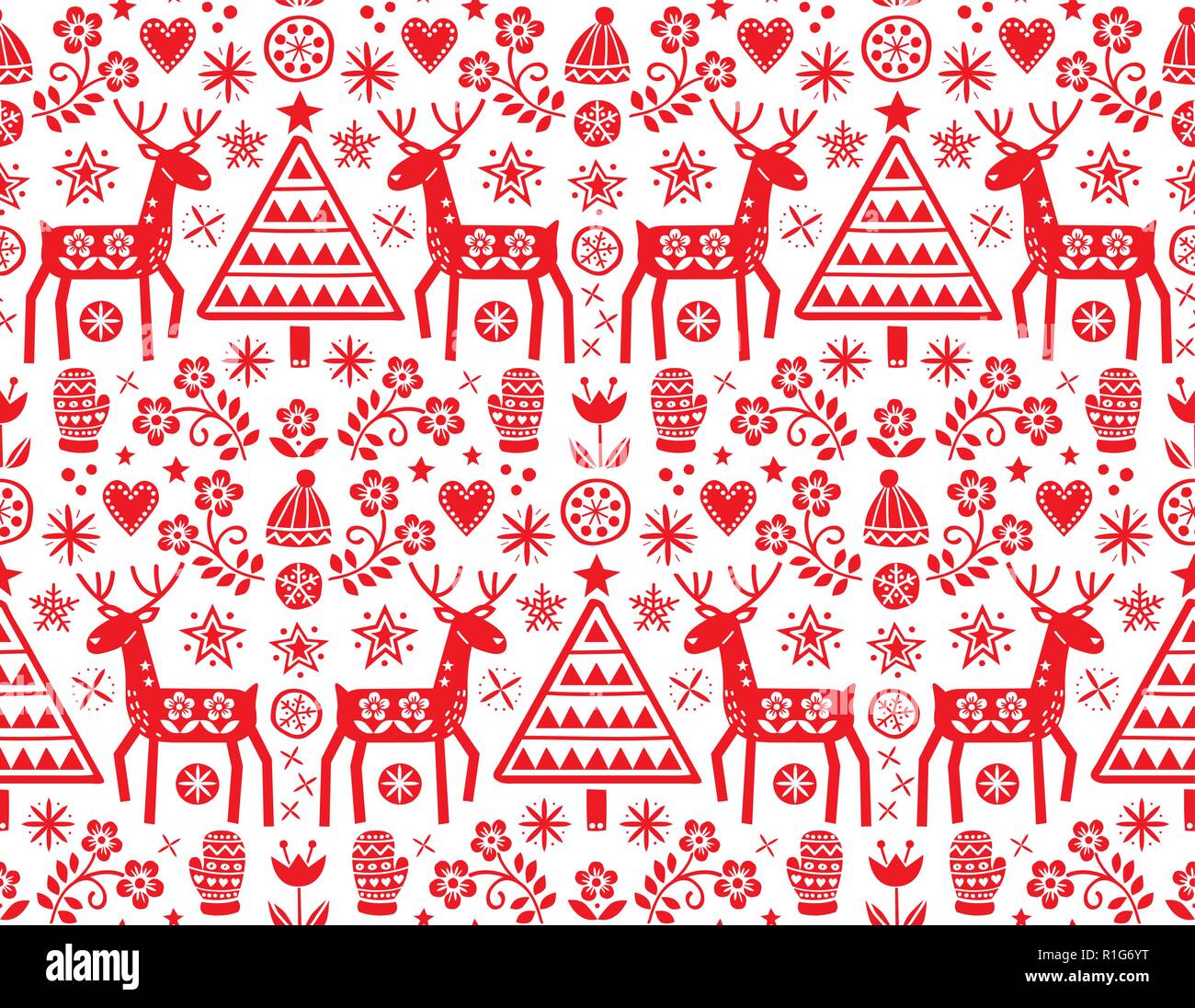 Christmas folk art vector seamless pattern with reindeer, flowers, Xmas ...