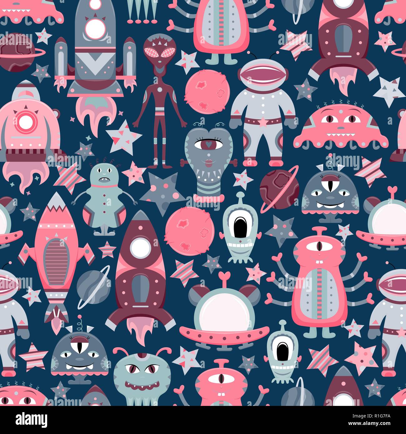The Vector Cartoon Seamless Pattern With Flat Aliens Spaceships Planets Satellites And