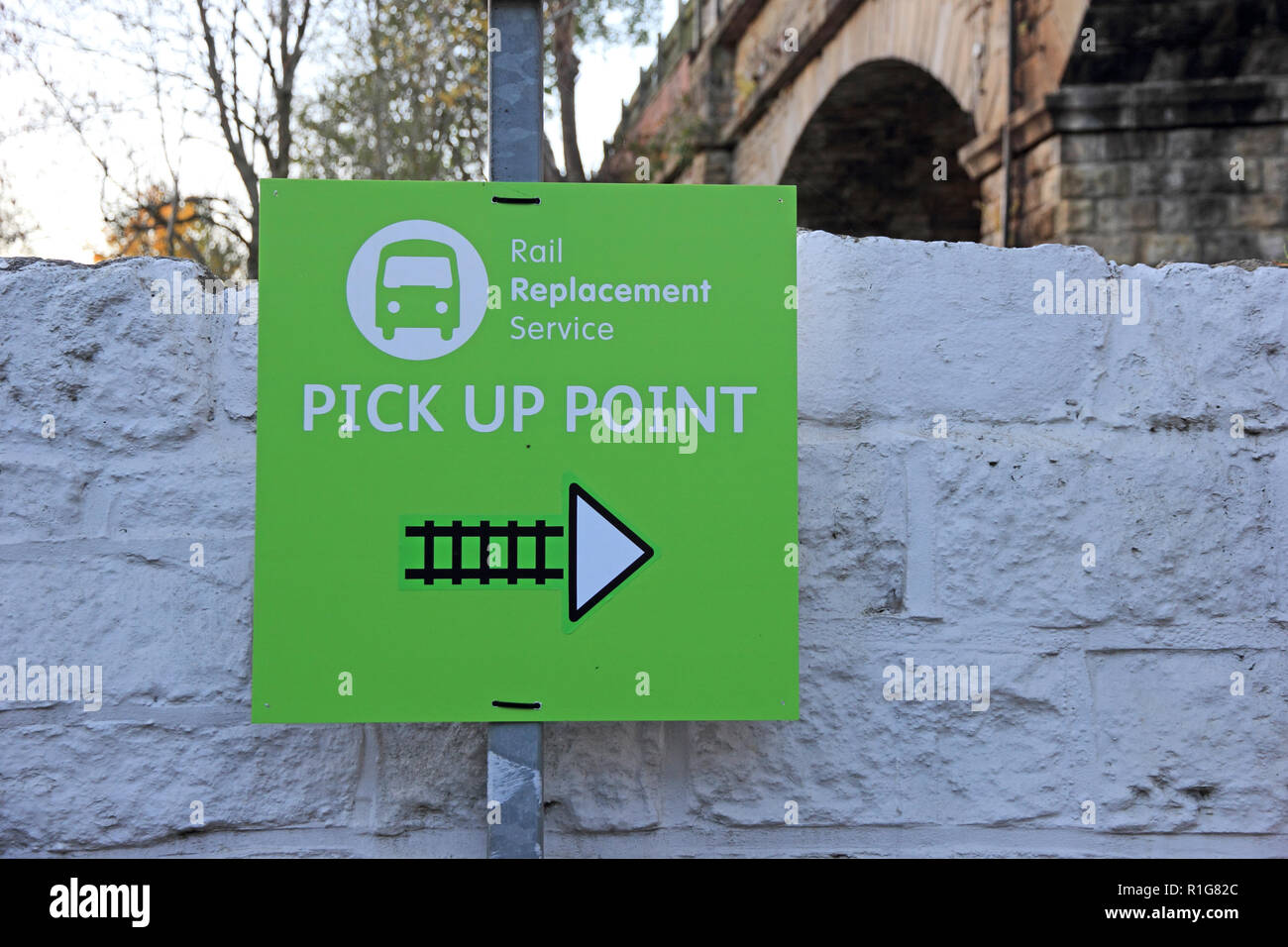 Rail replacement bus service sign Stock Photo - Alamy
