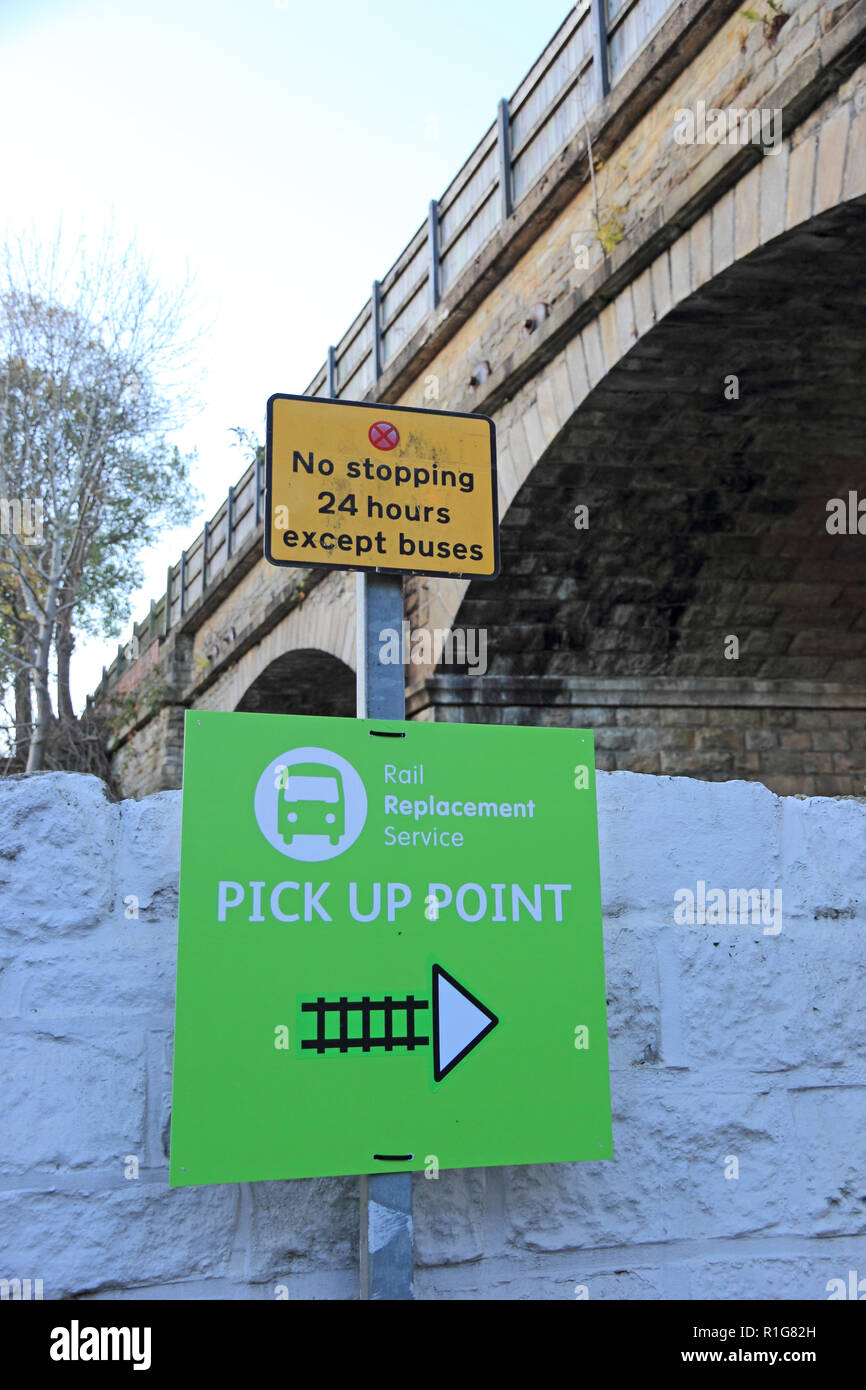 Rail replacement bus service sign Stock Photo - Alamy
